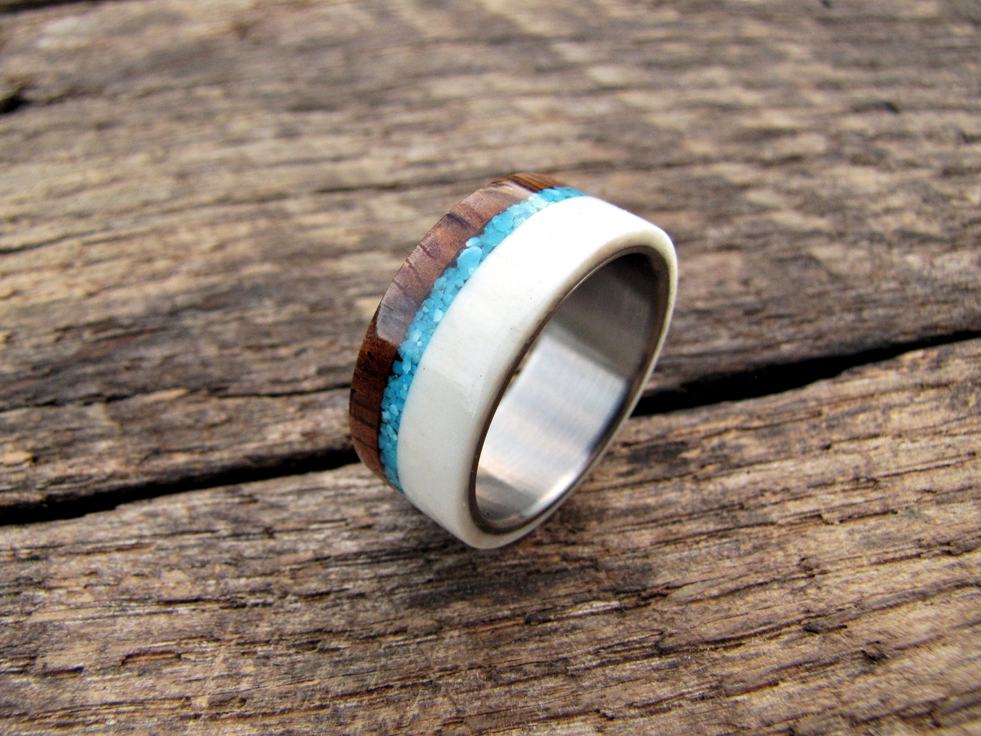 The Ranger - Titanium, antler, turquoise and wood mens wedding band ...